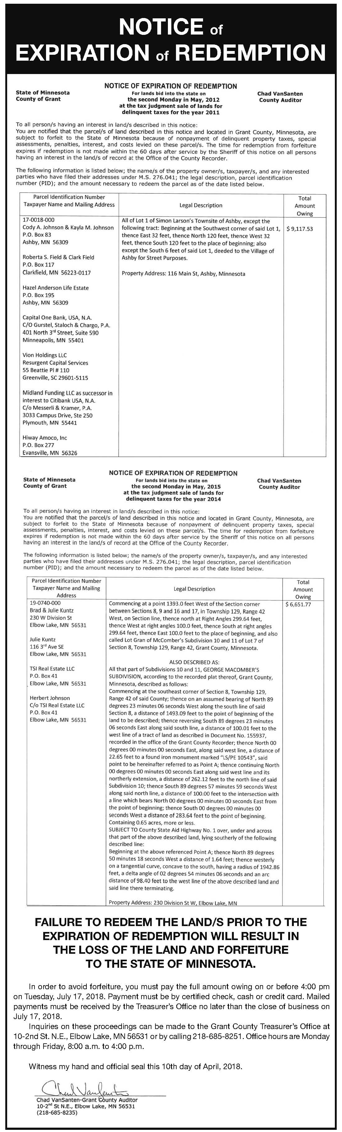 Grant County Notice of Expiration of Redemption | Battle Lake Review ...